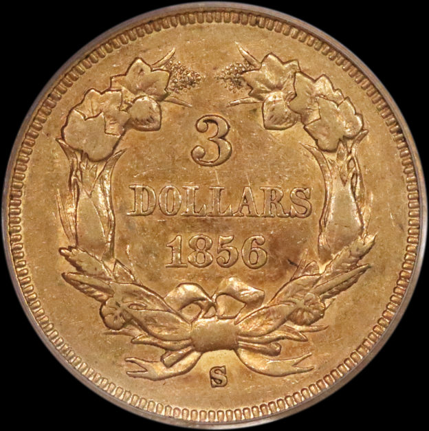 1856-S $3 Gold PCGS AU50 (CAC) A CHOICE AU! | Legend Numismatics